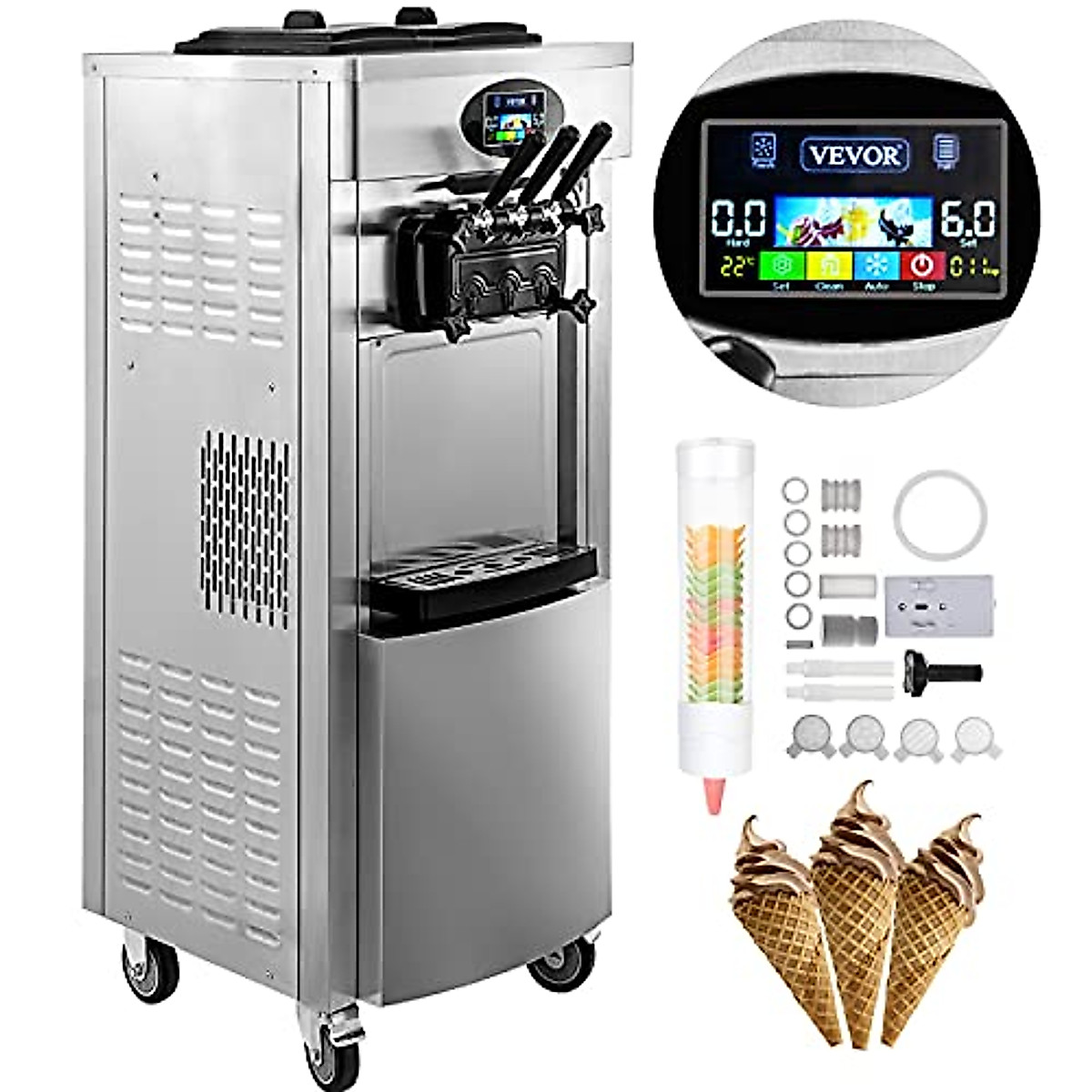 VEVOR 2200W Commercial Soft Ice Cream Machine 3 Flavors 5.3 to 7.4Gallon per Hour PreCooling at Night Auto Clean LCD Panel for Restaurants Snack Bar, Sliver