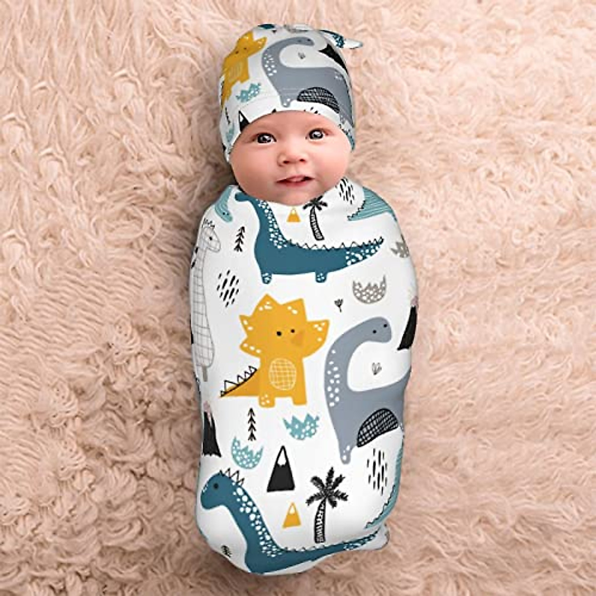Dinosaur Baby Stuff Swaddle Receiving Blanket with Hat Set Dinosaur Swaddles Up New Born Soft Transition Sleep Sacks for Infant Boys Girls(0-6Mth)