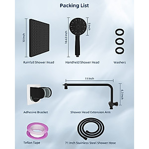 Hibbent Metal Shower Head, 10'' High Pressure Rainfall Shower Head/Handheld Showerhead Combo with 12'' Adjustable Shower Extension Arm, 7-Spray, 71'' Hose, Showerhead Holder, Matte Black