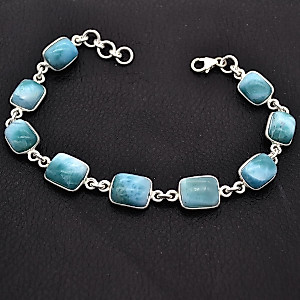 DESIGN HUB Blue Larimar Stone Bracelets 925 Silver Overlay For Women Girl Gifts - Gemstone Adjustable 7.5" Cushion Cabochon Link Bracelets Christmas Gifts For Her (Bracelet Style 2)