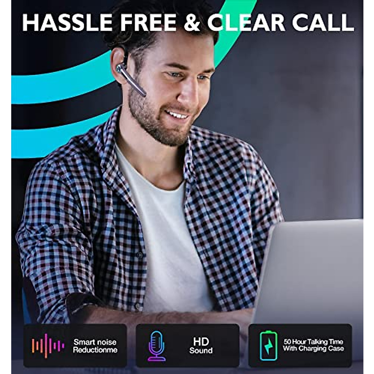 Eumspo Headset Wireless Earpiece 60Hrs Playback Built-in Dual Mic Noise Canceling Wireless Headset Earphone with 400mAh LED Charging Case for Business Office Trucker, Black