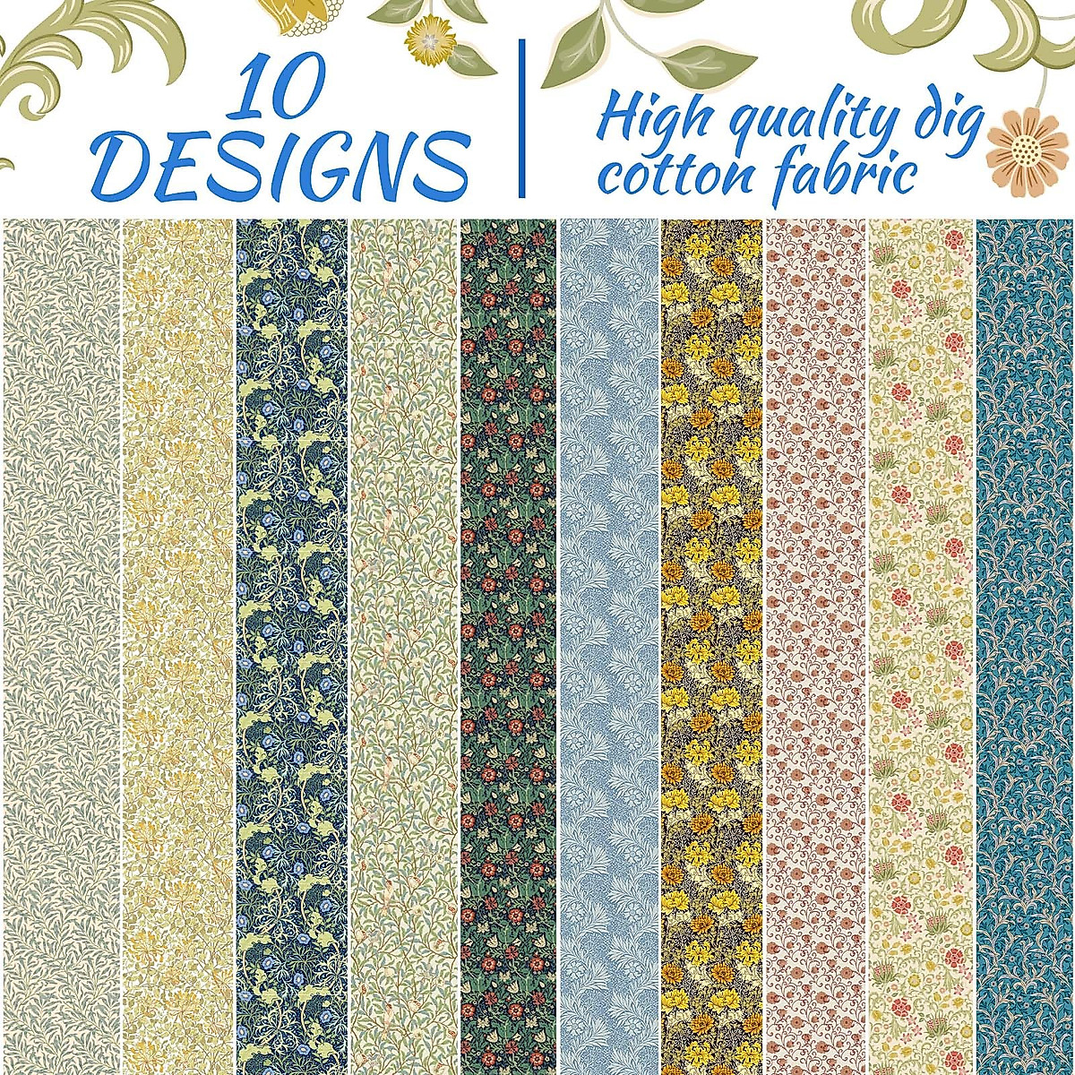 50Pcs William Morris Floral Jelly Fabric Strips Roll for Quilting Crafting Spring Summer Floral Precut Patchwork for Sewing DIY Crafts 2.55 Inch Polyester Fabric Bundles