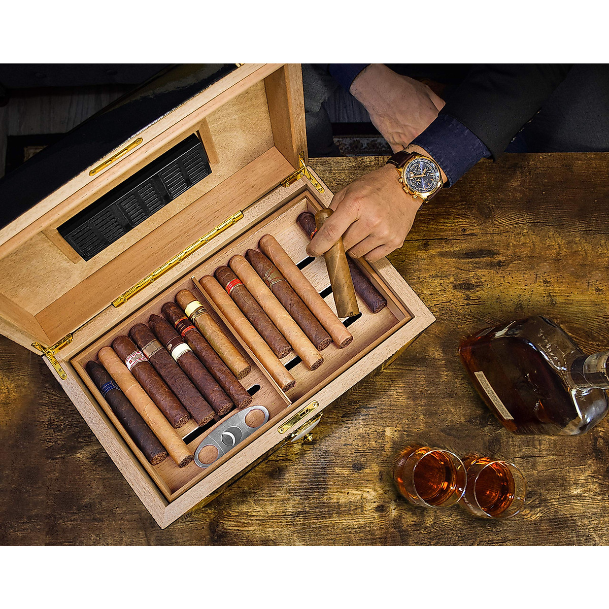 69Bourbons Exotic Cigar Humidor - Large Ebony Wood Storage Box with Spanish Cedar Wood Interior, Accessory Drawer, Exterior Hygrometer - Airtight Humidity, Removable Dividers - Cabinet for 150 Cigars