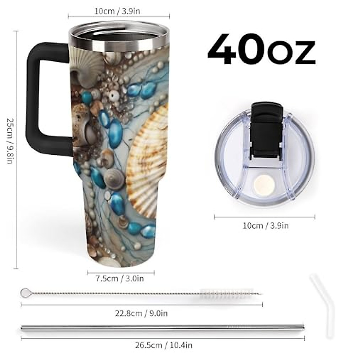 LPSADGF Ocean Shell Art Insulated Stainless Steel Travel Mug, 40 Oz Tumbler with Handle And Straw Double-Wall Vacuum Coffee Cup, Leak-Proof Lid, Keeps Drinks Hot/Cold for Hours