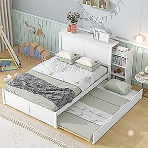 BIADNBZ Full Size Storage Platform Bed with Pull Out Shelves and Twin Size Trundle, Wooden Bedframe with Headboard, for Kids Teens Adults Bedroom, White
