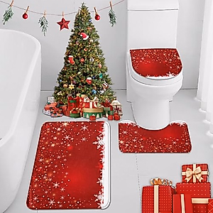 ArtSocket Christmas Bathroom Rugs and Mats Set 3 Piece, Snowflake Red Rugs Non Slip, Winter Snow Absorbent Microfiber Memory Foam Bath Mat Machine Washable Bathroom Floor Mats