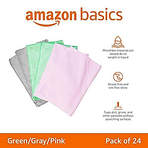 Amazon Basics Microfiber Cleaning Cloths, Non-Abrasive, Reusable and Washable, Pack of 24, Green/Gray/Pink, 16" x 12"