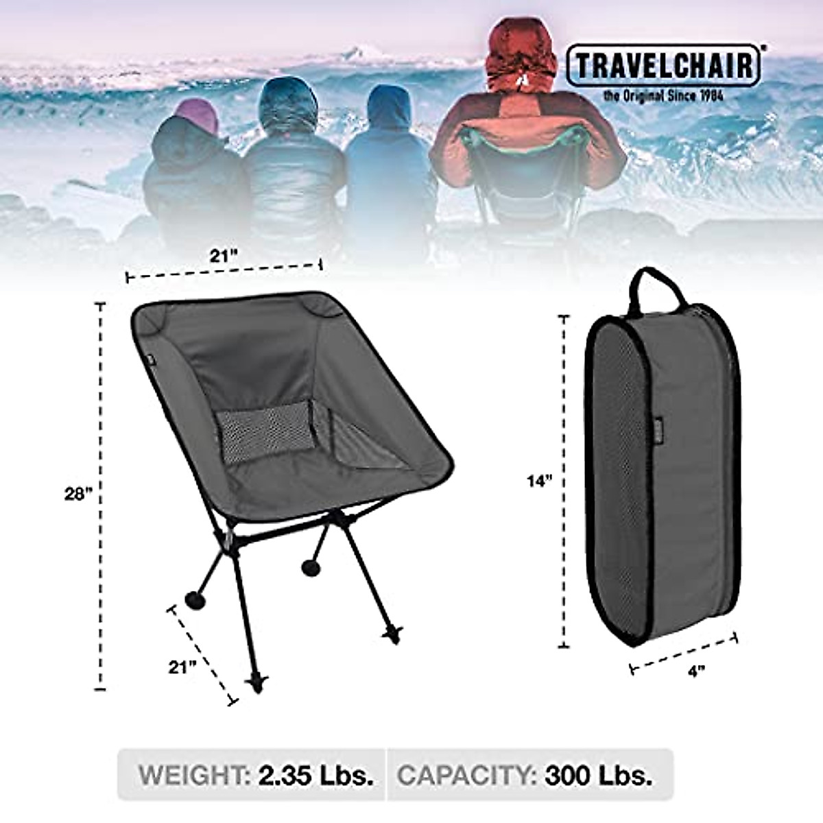 Travel Chair Joey Chair, Portable Chair for Outdoor Adventures, Compact, Foldable Chair with Quick Set-Up, Black
