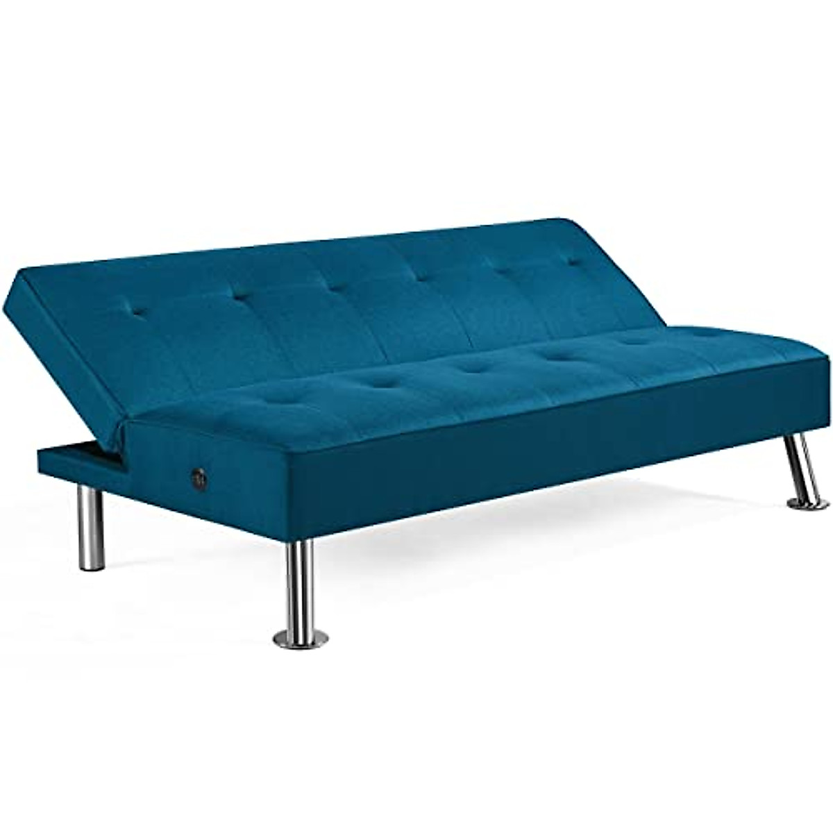 Topeakmart Fabric Futon Sofa, Convertible Futon Bed, Folding Couch, Sectional Sleeper Sofa for Small Space with USB Ports, Folding Sofa for Compact Living Space, Apartment, Office, Living Room Blue