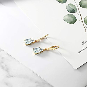 Gem Stone King 18K Yellow Gold Plated Silver Sky Blue Simulated Aquamarine and White Topaz Dangle Earrings For Women (5.26 Cttw, Gemstone Birthstone, Octagon 9X7MM)