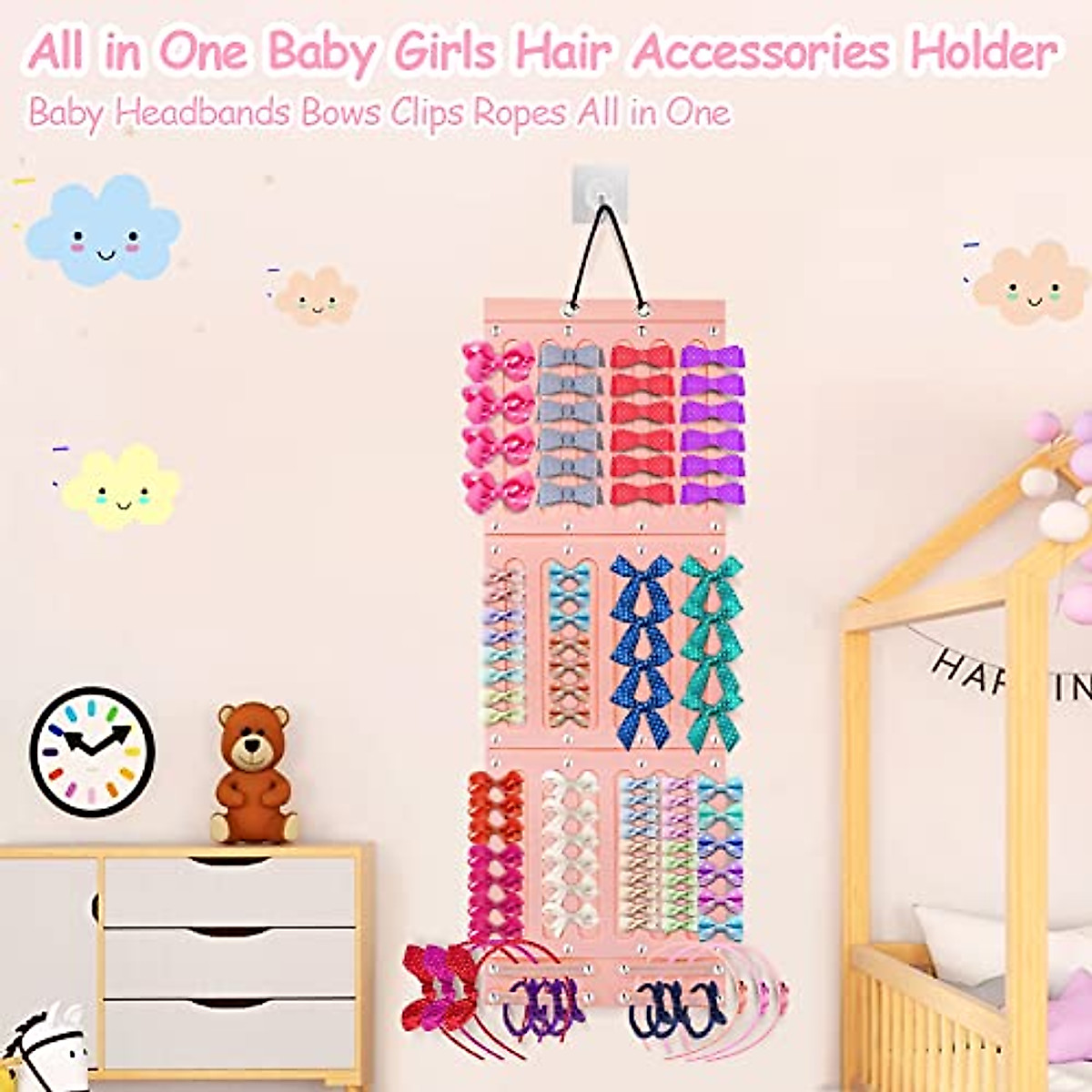 Globalstore Baby Hair Accessories Storage, Bow Holder Baby Headband Holder Organizer Hanging Hair Clips Storage Hanger with 21 Detachable Felt Ribbons for Baby Girl Hair Ties, Soft Pink