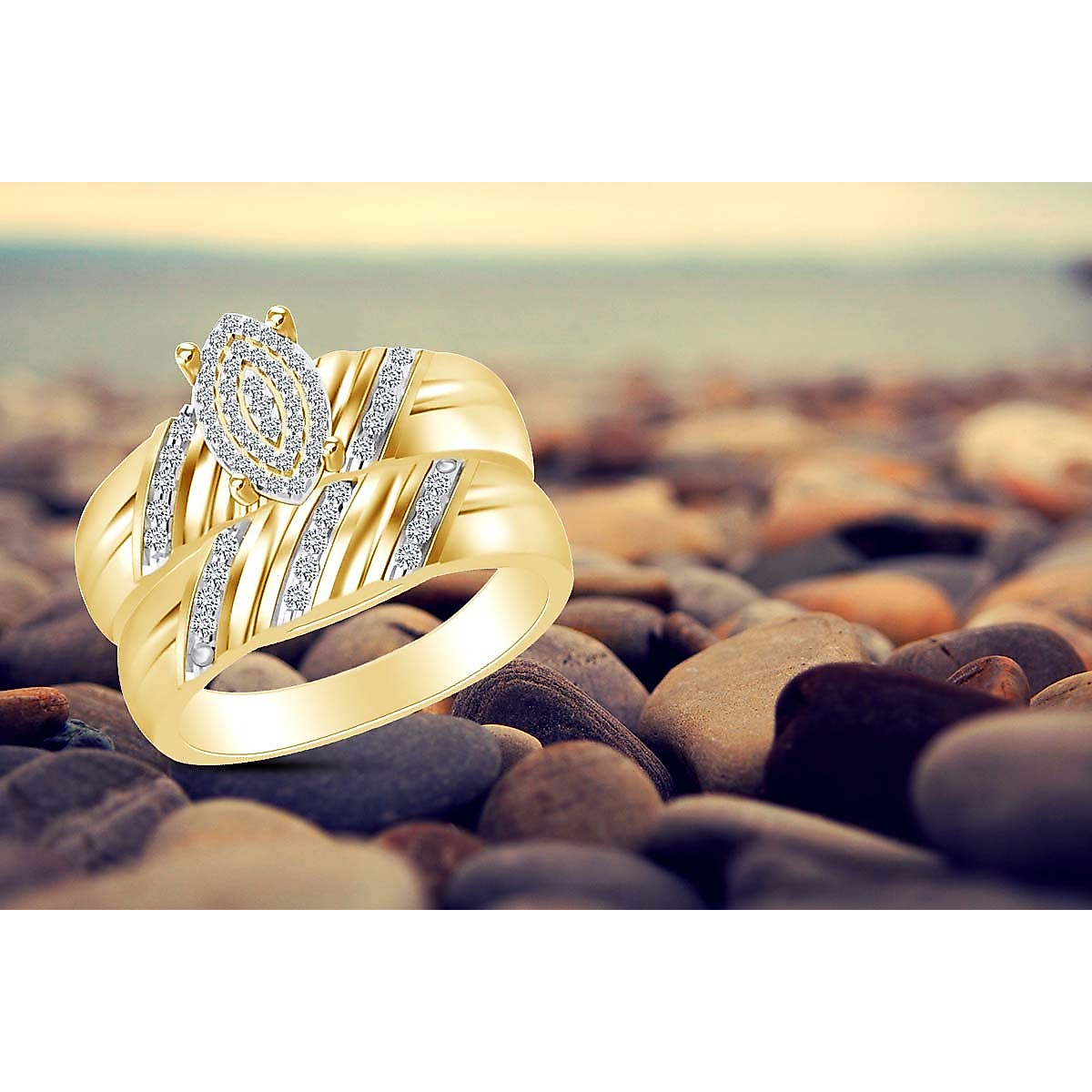 AFFY 1/10 Carat CT Round Cut White Natural Diamond Ladies Cluster Engagement Wedding Bridal Ring Set In 10k Solid Yellow Gold (I-J Color, I2-I3 Clarity, 0.10 Cttw) Ring Size-9.5