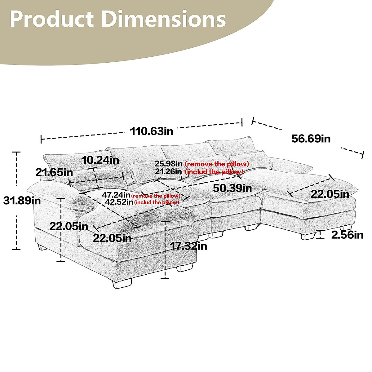 Lakifun Convertible Sectional Sofa, Chenille Fabric U Shaped Couch 4 Seat Sofa with Double Chaises for Living Room, Grey