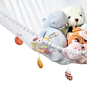 Mkono Stuffed Animal Hammock Toy Storage Nautical Style Hanging Stuff Animals Net Organizer with Shells and Nautical Decor, Large Steering Wheel Fishing Toys Net for Nursery Playroom Kid's Room