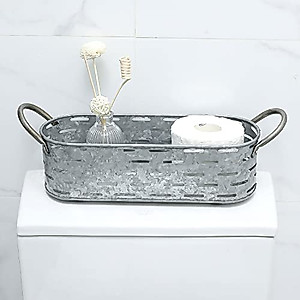 MyGift Rustic Galvanized Metal Storage Basket with Handles, Farmhouse Style Perforated Bathroom Potpourri Holder, Toiletries Organizer Bin - Handcrafted in India