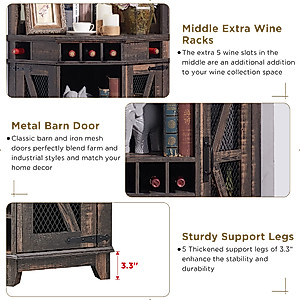 OKD Corner Bar Storage Cabinet, 72" Tall Farmhouse Wine Bar Cabinet w/Barn Door & Adjustable Shelf, Home Bar Cabinet w/LED Light & Glass Rack for Dining Room, Living Room, Kitchen, Dark Rustic Oak