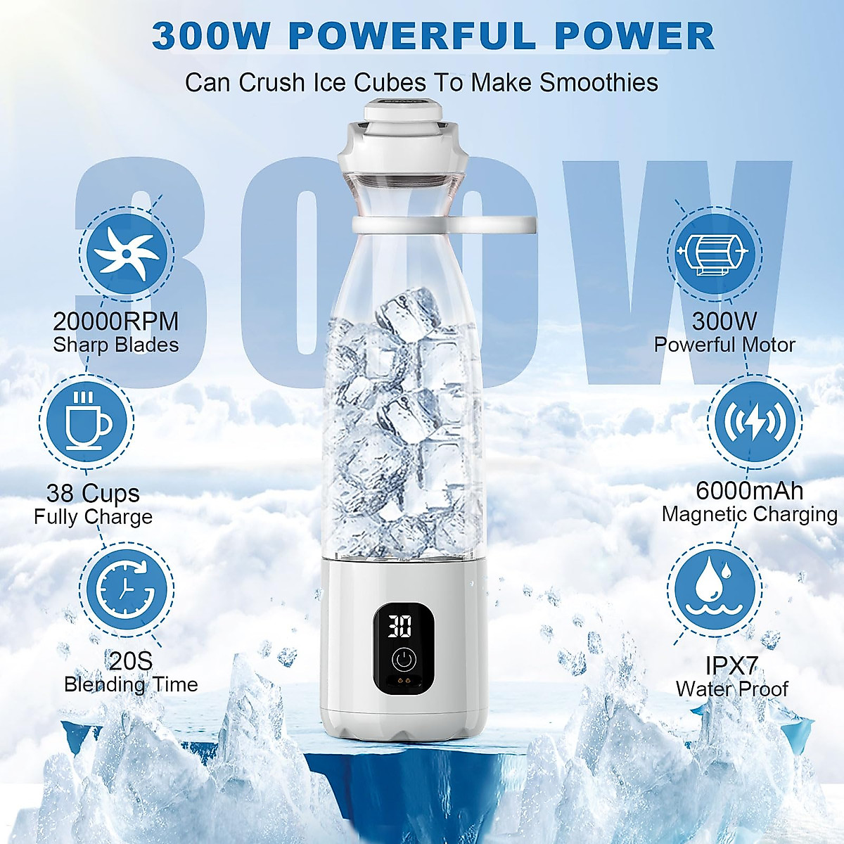 Portable Blender, Personal Blender -for Shakes and Smoothies, 300W Powerful Smoothie Blender, 3X More Power than Mini Travel Blender |OUSMIN Blender Bravo (White, 4th Gen|Basic Version)