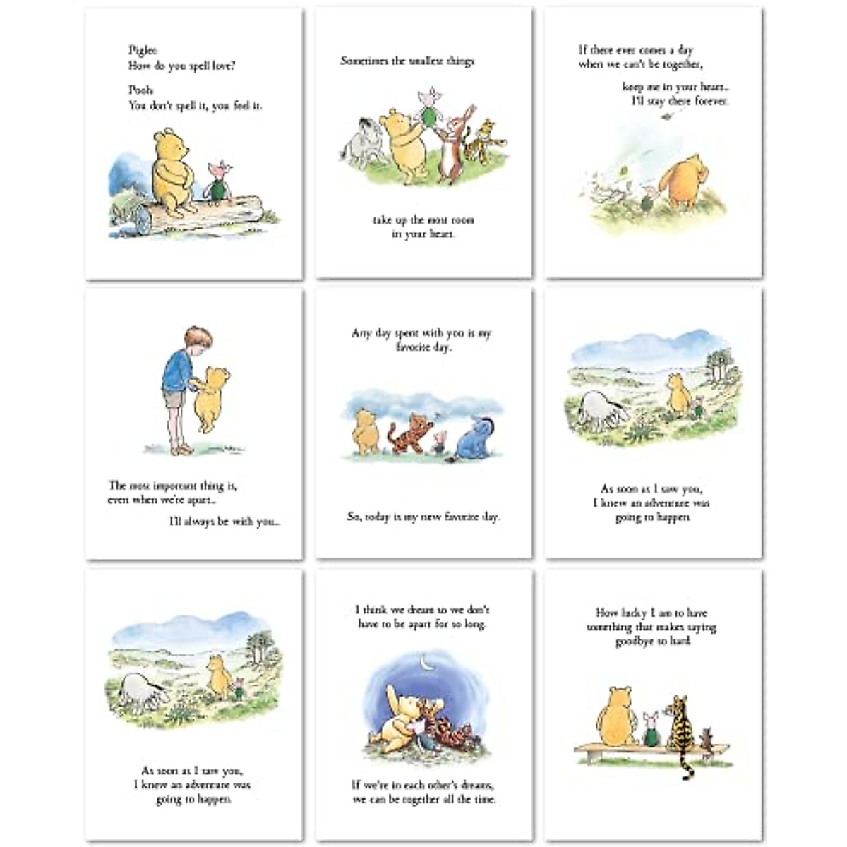 bumbleboo Nistio® Classic Winnie the Pooh Nursery Wall Decor, Winnie the Pooh Print, Winnie the Pooh Playroom Decor, Set of 9 Prints, Piglet, Eeyore, Tigger Nursery Decor, Unframed, 8x10 inches