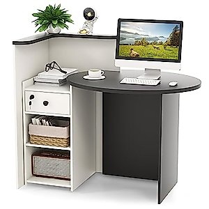 Tangkula Reception Desk, Front Counter Desk with Lockable Drawer & Adjustable Shelf, Oval Desktop, Retail Counter for Checkout, Computer Workstation for Salon Lobby Office, Home Office Desk