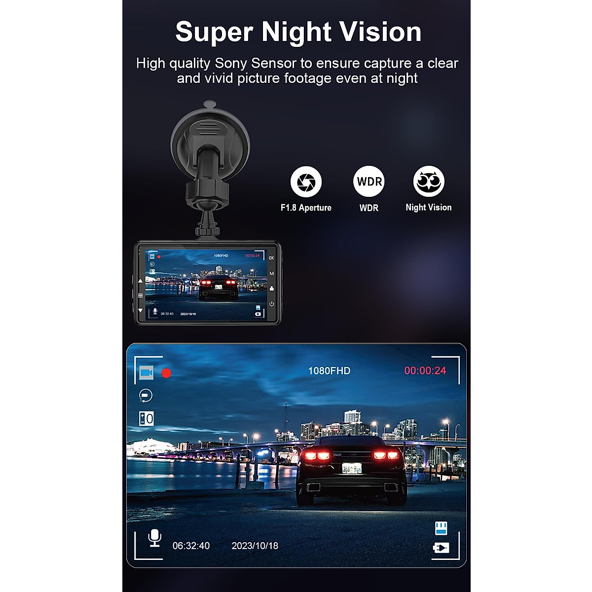 Penemay Dual Dash Cam Front and Rear Camera 1080p Front Camera, Dash Camera for Cars Waterproof Rear Camera, Car Camera Included 32GB Card, Dashboard Camera with Super Night Vision, Parking Monitor
