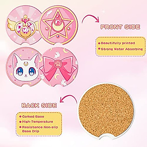 4Pcs Anime Moon Cat Car Coasters with Finger Notch Aesthetic Moon Cat Shaped Absorbent Ceramics Heat Resistant Anti Slip Cork Base Car Drinks Coasters Auto Accessories for College Back to School Gifts
