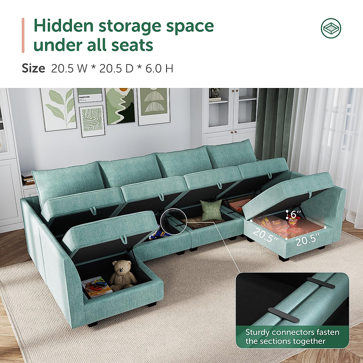 HONBAY Oversized Modular Sectional Sofa with Storage Reversible Sectional Couch Modular Sofa with Chaise U Shaped Sectional Set with Ottoman for Living Room, Aqua Blue
