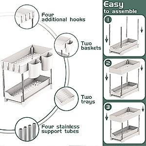 2 Pack Under Sink Organizers and Storage, 2 Tier Bathroom Organizer with Pull Out Drawer, Sliding Cabinet Basket Organizer with 4 Cups 8 Hooks, Multi-purpose Storage Shelf for Bathroom Kitchen, White