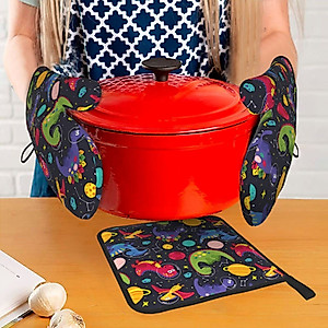 Cute Dinosaur in Space Oven Mitts and Pot Holders Heat Resistant Anti Scald for Kitchen Cooking Baking Grilling Sets of 3