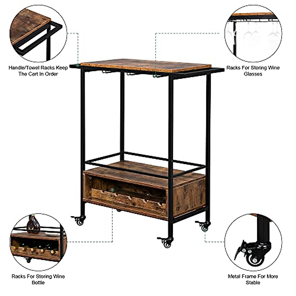 DARDDI Kitchen Island Serving Cart with Stemware Holder and Wine Bottle Racks,Two-Layer Double-Armrest Rolling Storage Cart,360° Omnidirectional Lockable Casters for Home,Dining Room,Office,Restaurant