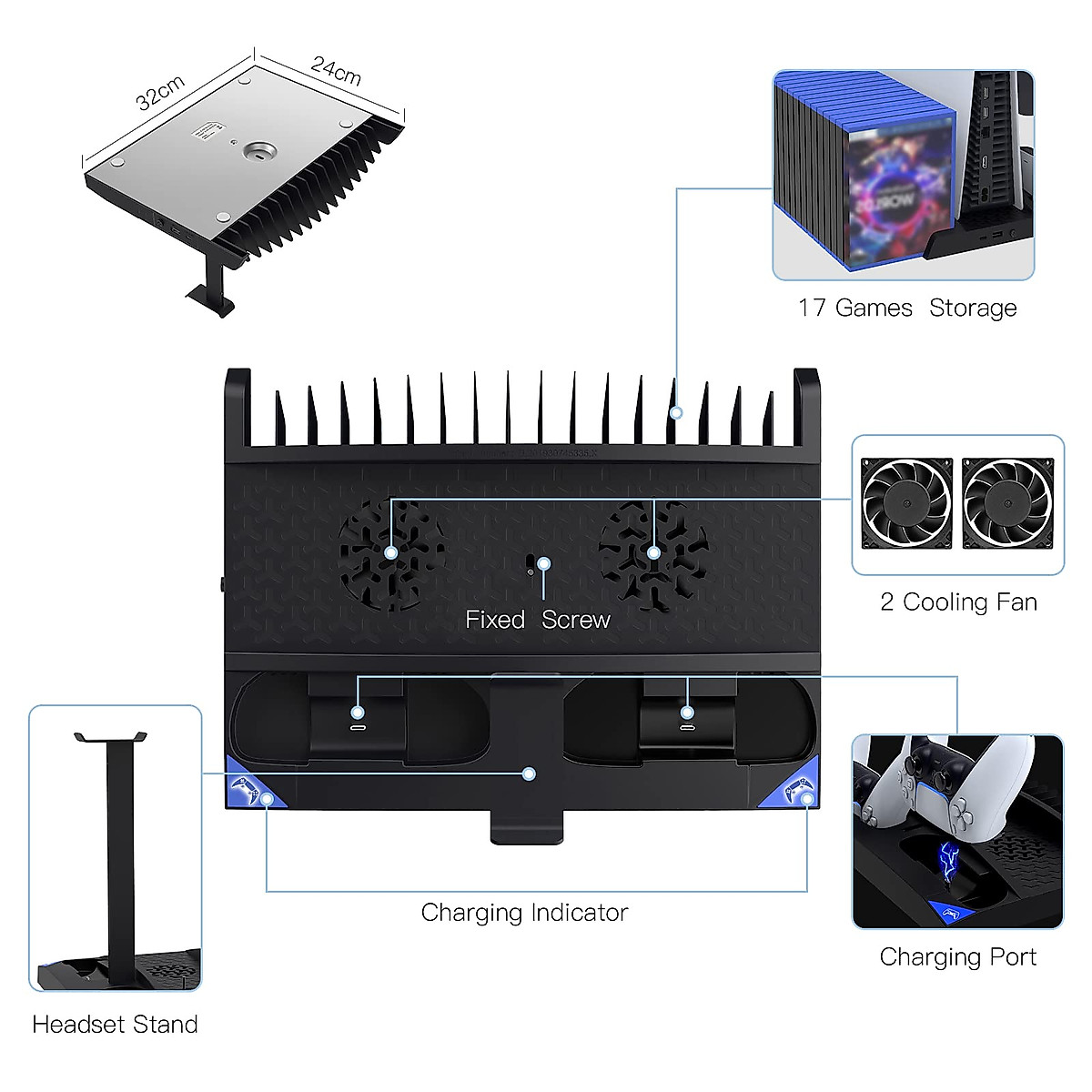 Goluodck PS5 Stand with Suction Cooling Fan and Dual Controller Charger Station for Playstation 5 PS5 Console, Suction Cooler Fan with Charging Dock Station and 12 Games Storage