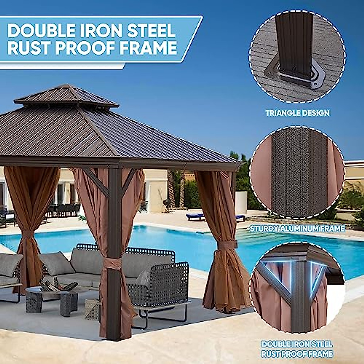 Aluminum Outdoor Gazebo with Steel Permanent Hardtop Canopy Shelter Pavilion Including Netting for Patio, Garden, Lawn Backyard (12'x12' Brown)
