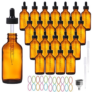 AuroTrends Amber Dropper Bottle 2 oz 24Pack, Glass Tincture Bottles with Dropper - Amber Glass Dropper Bottle 2 oz with Funnel/Stickers/Plastic Graduated Pipette (2fl.oz, Set of 24)