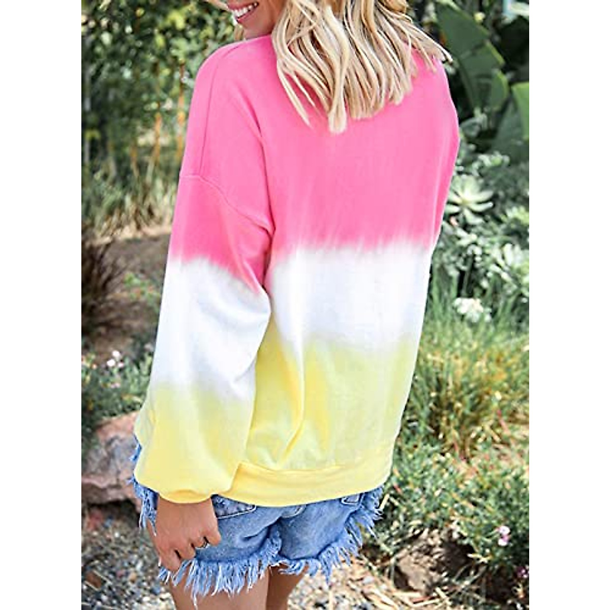 Biucly Women Color Block Lightweight Sweatshirt Long Sleeve Tie Dye Pullover Hoodie,US 12-14(L),Pink,White,Yellow