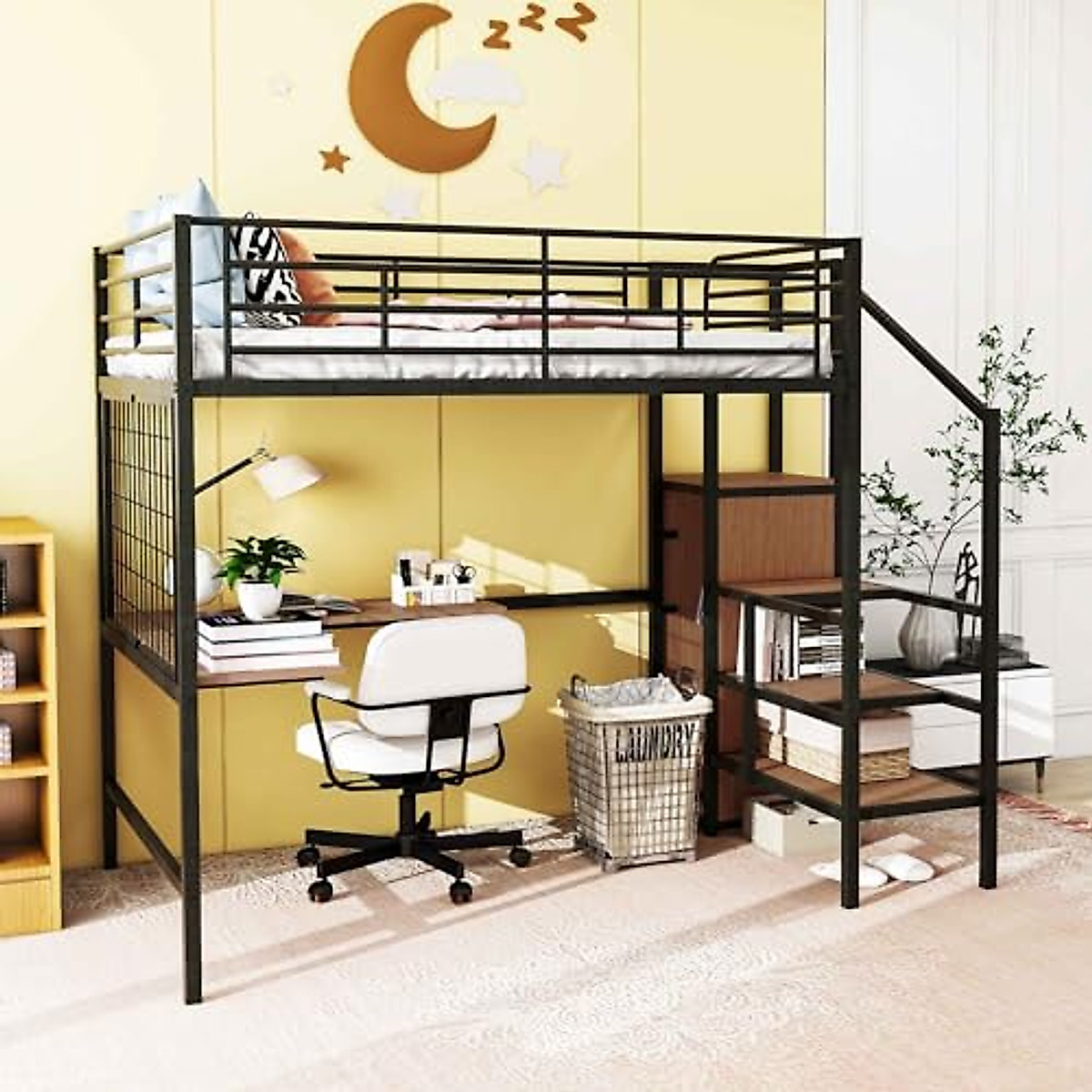 ATY Full Size Loft Bed with L-Shaped Desk and Wardrobe &Storage Shelves, Stairway Metal Bedframe w/Grid, Save Space Design, for Bedroom, Dorm, No Spring Need Required, Black