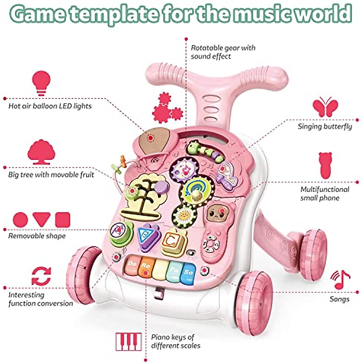 Baby Sit-to-Stand Learning Walker, 2 in 1 Baby Walker for Girls Boys, Educational Baby Push Walkers with Entertainment Activity Table, Baby Music Learning Toy Gift for Infant Boys Girls (Pink)