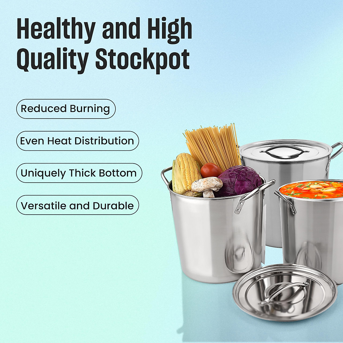 MARBELLA 6 pcs set (6/8/12) Quart Stainless Steel Stockpot with Lid Food Grade Heavy Duty Multipurpose Stock Pot for Stew, Simmering, Soup Pot, Gas and Dishwasher Safe Rust Free Cookware Silver