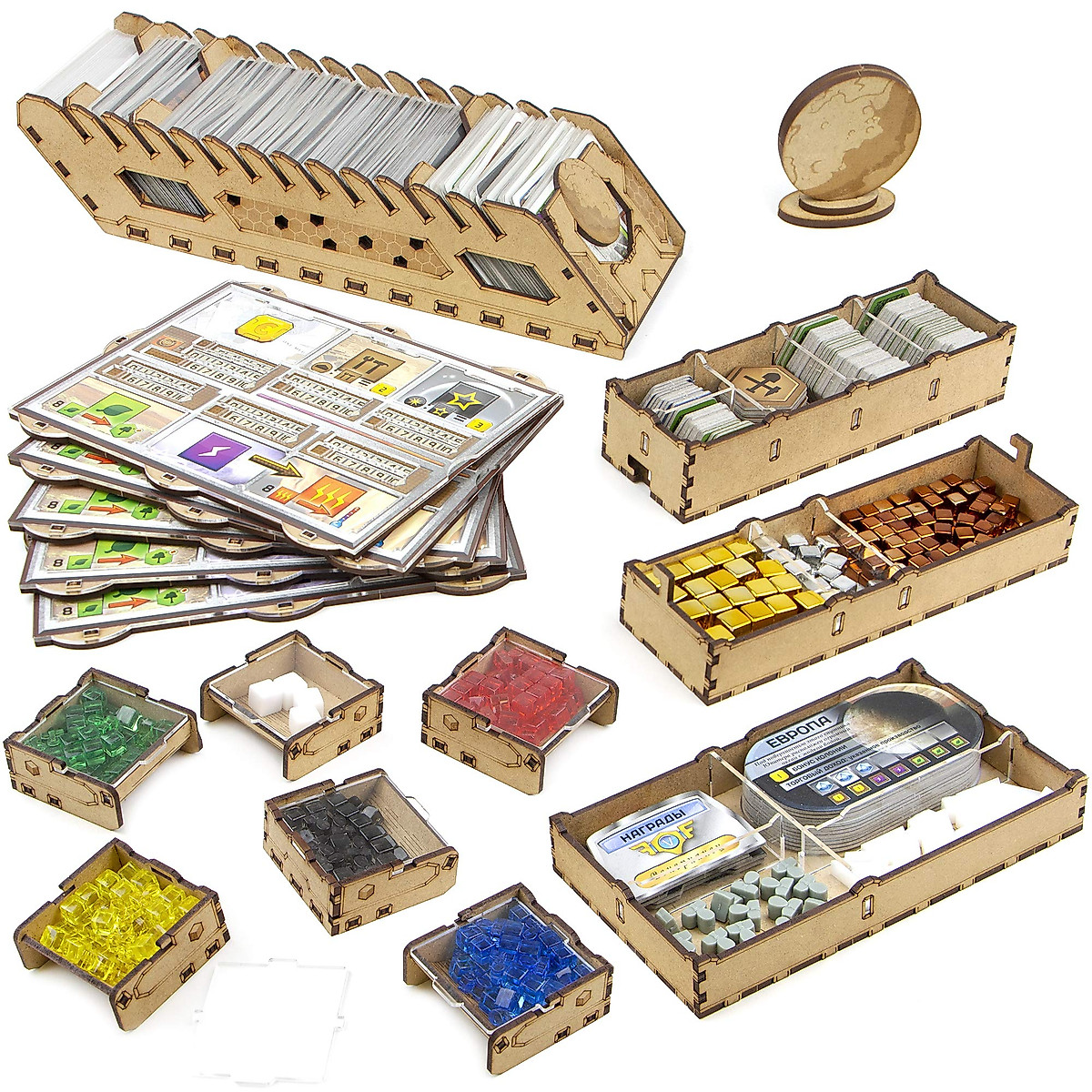 TowerRex Board Game Organizer for Terraforming Mars board game box, Terraforming Mars boardgame expansions, Turmoil, Colonies expansion, Prelude expansion, Hellas and Elysium expansion, Venus Next