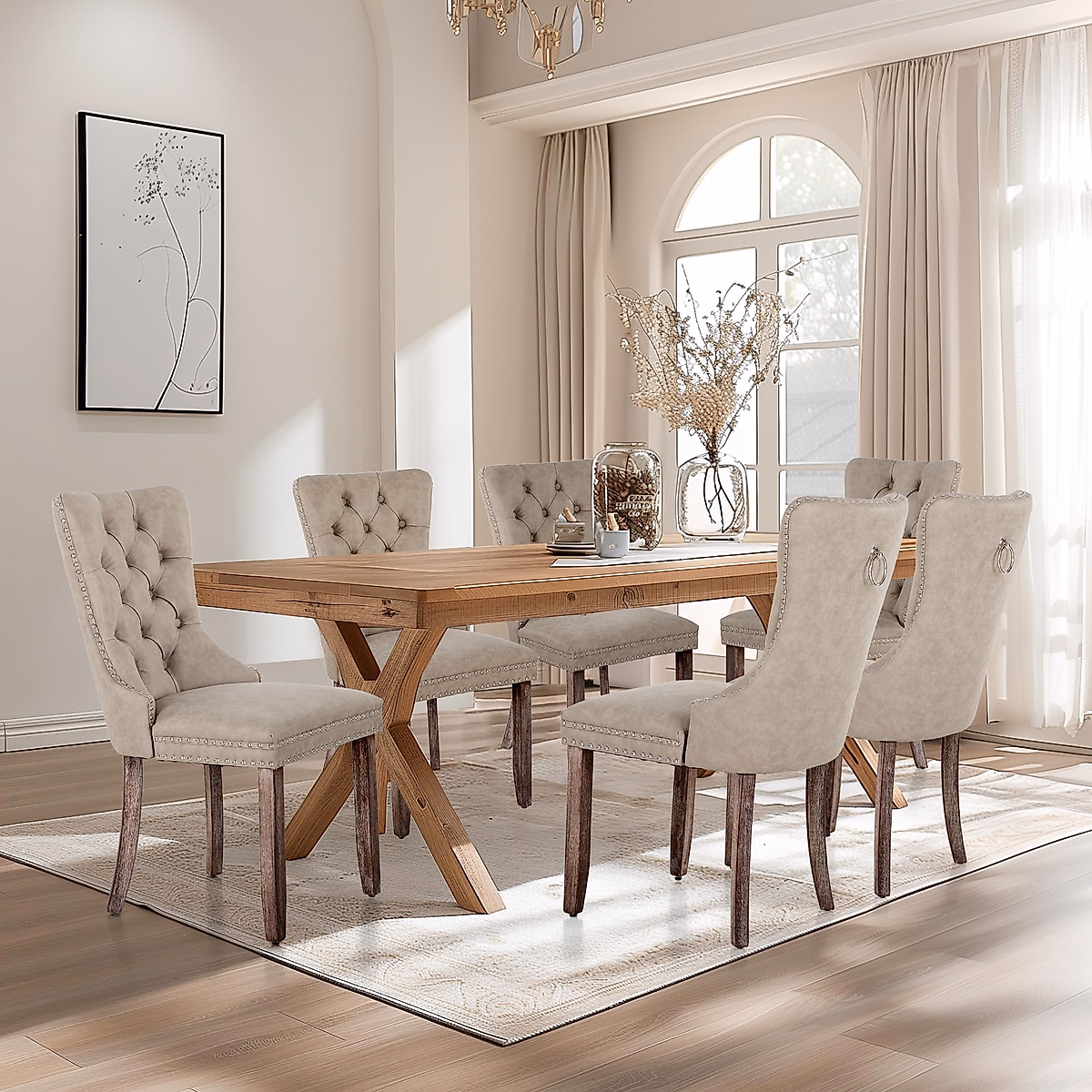 ALPHA HOME Dining Chairs Set of 2, Upholstered Dining Room Chairs, Tufted Kitchen Chairs with Solid Wood Legs and Tall Backrest, Fabric Padded Parson Chairs, Beige