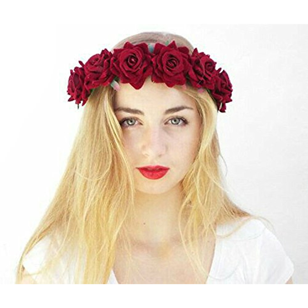 Floral Fall Rose Red Rose Flower Crown Woodland Hair Wreath Festival Headband F-67 (3-Red)