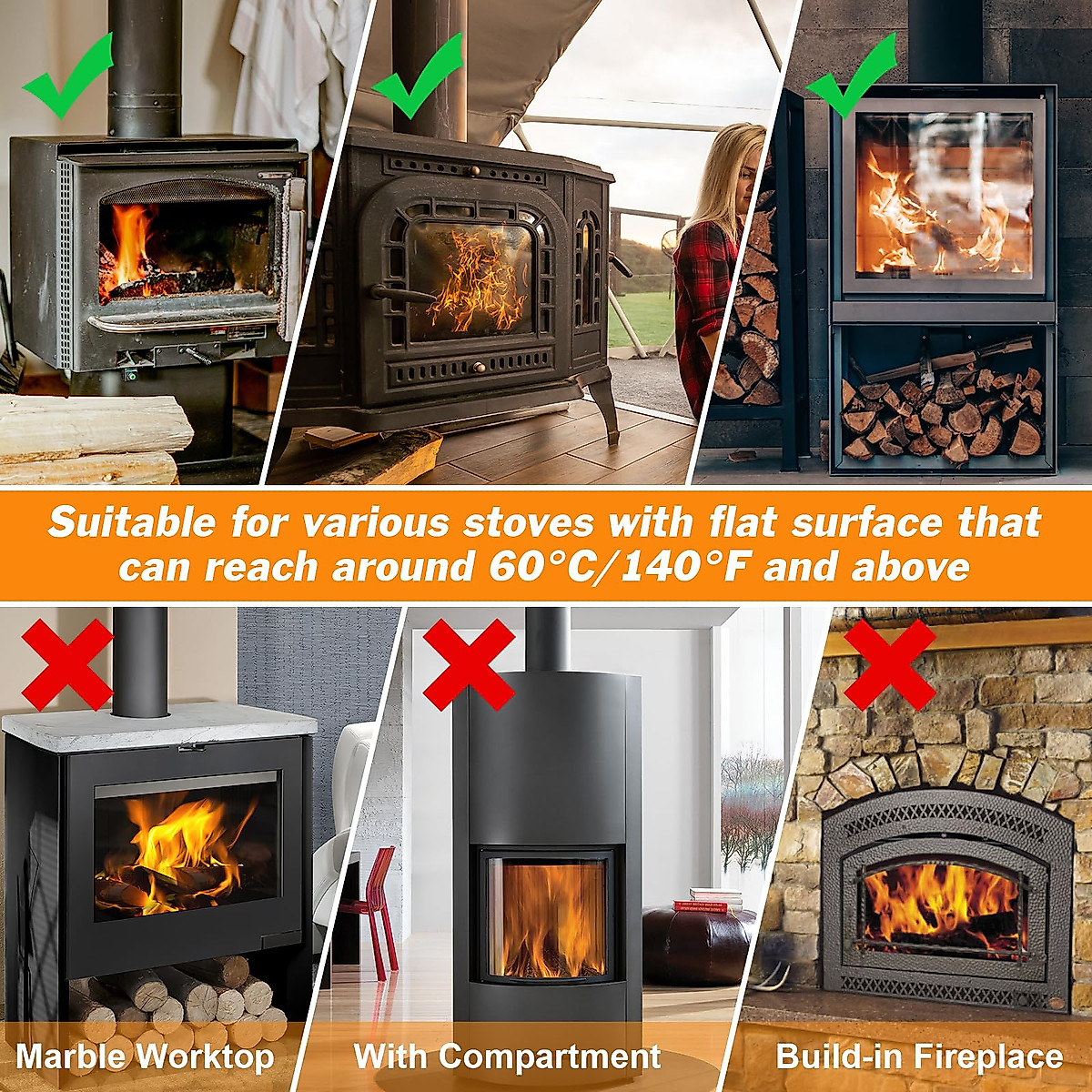 CHANGE MOORE Wood Stove Fan 60° Oscillating Large Size, 5 Blades Heat Powered Stove Fan, Silent Eco Stove Top Fans, Non Electric Fireplace Fan for Gas, Pellet, Wood Burning Stove