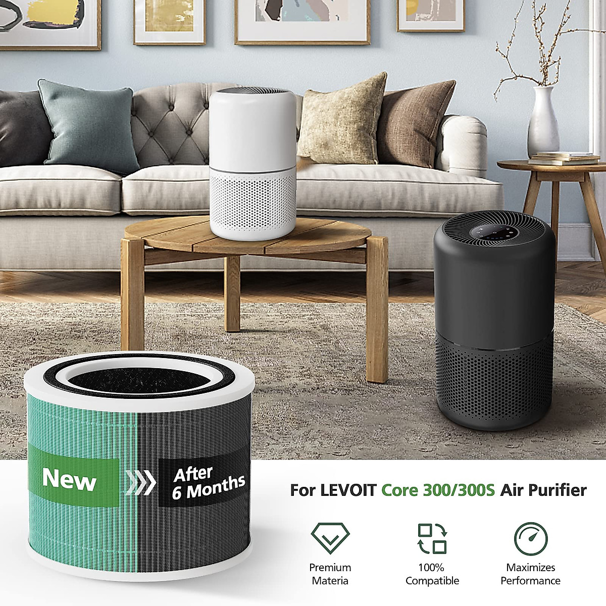 Core 300 Toxin Absorber Replacement Filter for LEVOIT Core 300 Core300-P Core 300S Core 300S-P VortexAir Air Purifier, 3-in-1 HEPA and Activated Carbon, Core 300-RF-TX, 2 Pack, Green