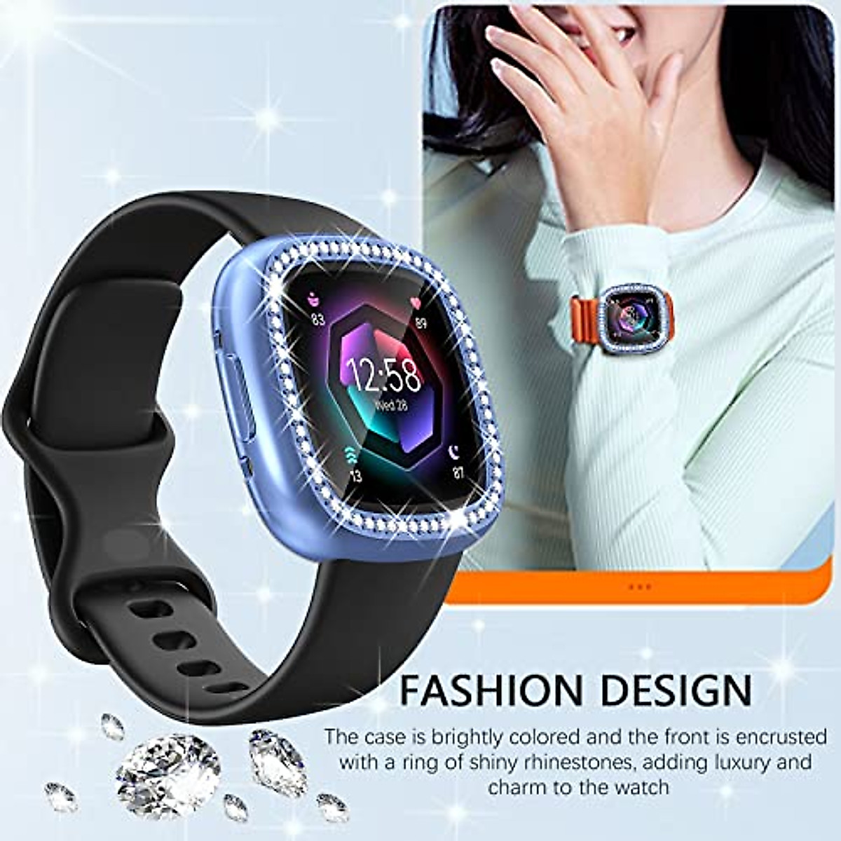 Wugongyan Compatible with Fitbit Versa 4 & Fitbit Sense 2 Screen Protector Case Bling Diamond Crystal TPU Full Protective Face Cover for Women Girls Smartwatch Accessories(5-Pack, Brilliant Colors)