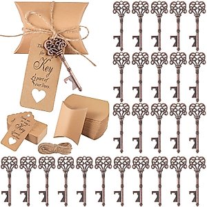 100 Sets Vintage Key Bottle Openers Bulk Wedding Favor Souvenir Gift Set Pillow Shape Candy Gift Box Escort Thanks Tag Sticker French Ribbon (Antique Copper)