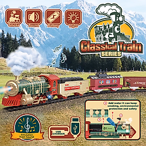 JUQU Train Set - Electric Train Toys w/Smoke, Light and Sounds, Toddler Train Sets for Boys 2-4 4-7 w/Steam Locomotive Engine,Carriages and Tracks, Christmas Train Gift for 3 4 5 6 7 8+ Year Old Kids