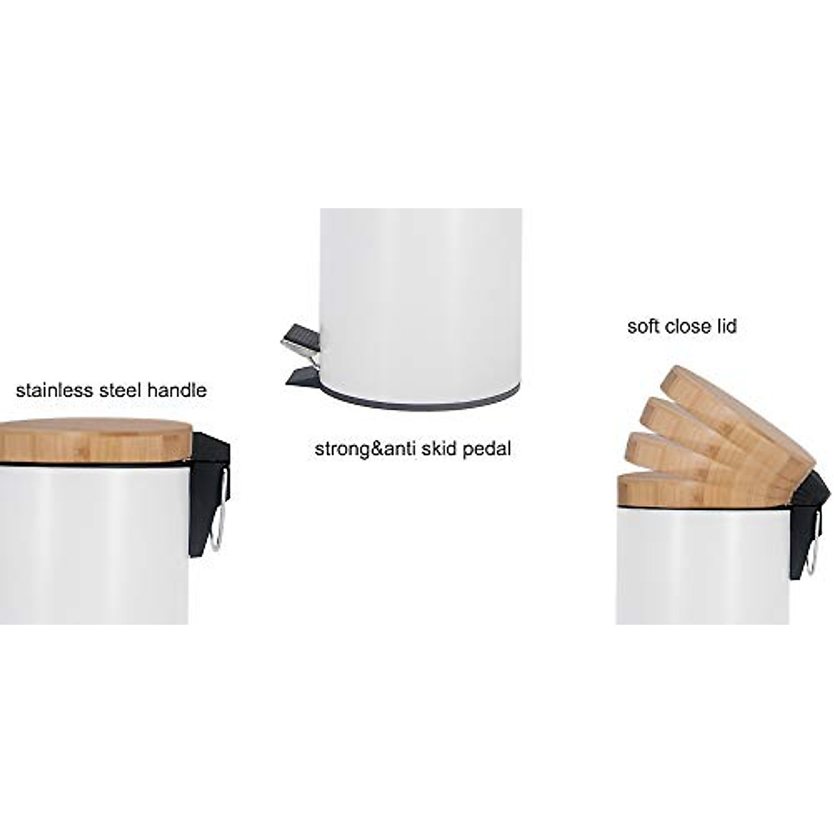 Small Bathroom Trash can with Pedal,Eco Friendly Bamboo lid Soft Close,0.8 Gal/3L .White Steel with Removable Inner bin.Strong &Anti Skid Pedal.Color Box.Unique & Boutique Style