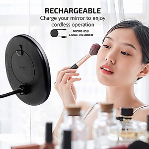 OVENTE 9'' Lighted Wall Mount Makeup Mirror with Mini Magnetic 10X Magnifying Mirror, Rechargeable Vanity Mirror, Touch Screen Dimmable LED Lights, Flexible Gooseneck & Suction Mounting, Black MOW22B