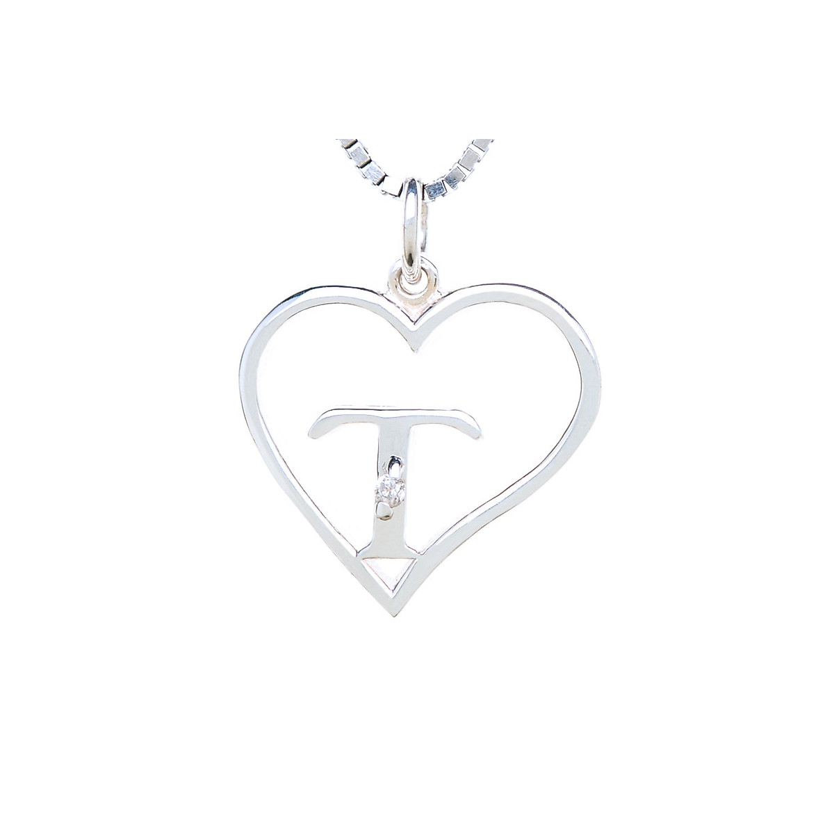 Arbach’s Icy Jewelry - Sterling Silver Box Chain Personalized Diamond Pendant Statement Necklace - Heart & Letter T