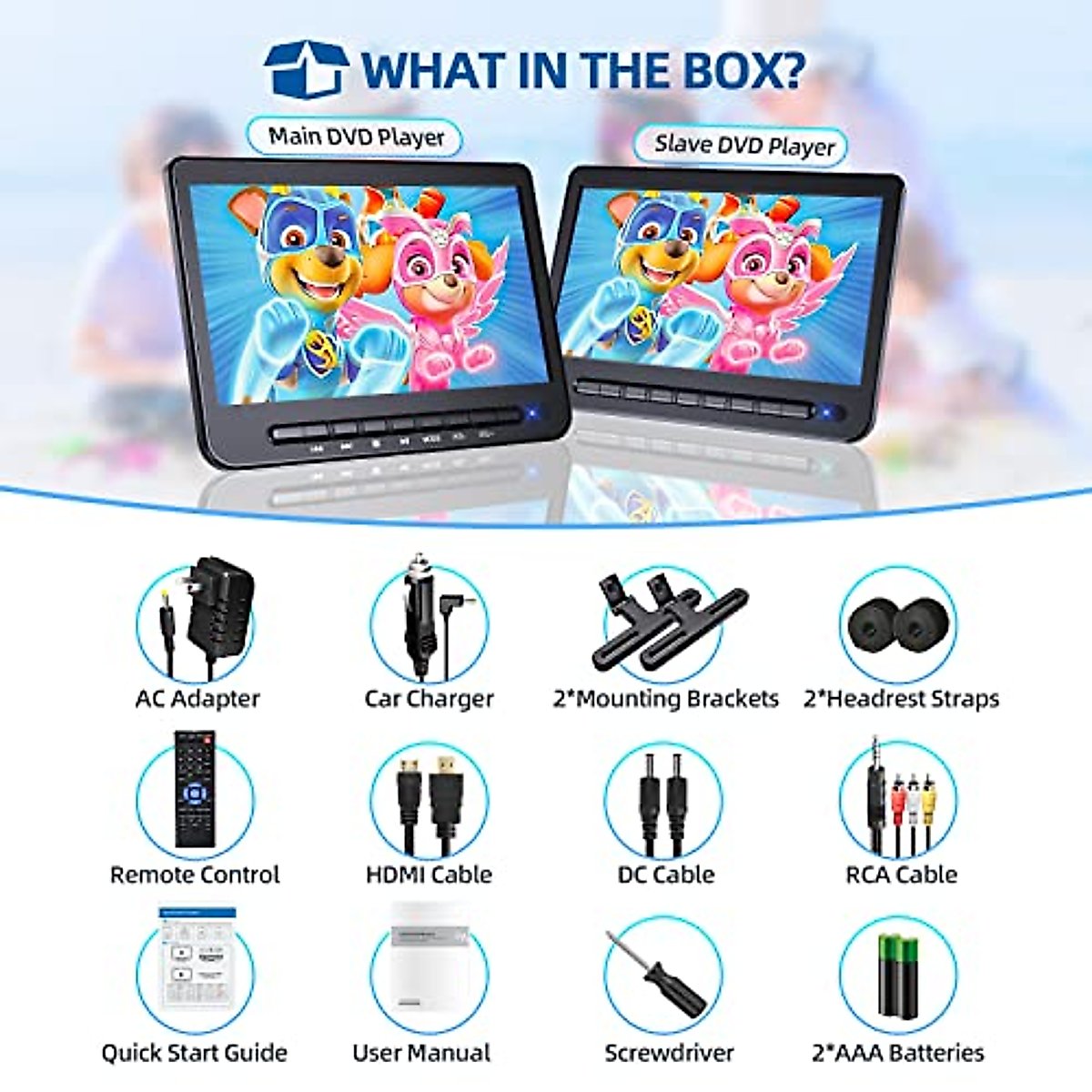 DESOBRY 10.5" Portable DVD Player for Car, Car DVD Player Dual Screen with HDMI Input, 5-Hour Rechargeable Battery, HD Transmission, Headrest DVD Player Supports USB, Last Memory (1 Player+1 Monitor)