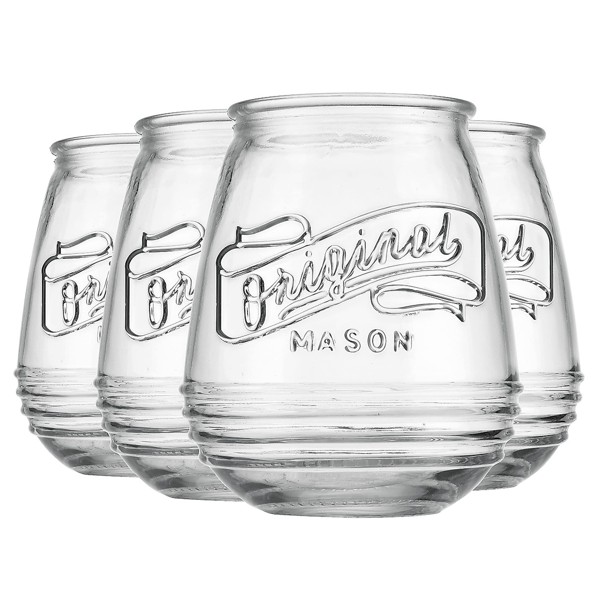 Glaver's Stemless Wine Glasses 21 Oz. Set Of 4 Original Mason Vintage Goblet Beverage Glasses Uses For Your Cocktail Lounge, Whiskey Parties, and Everyday Dinner Table. Dishwasher Safe.