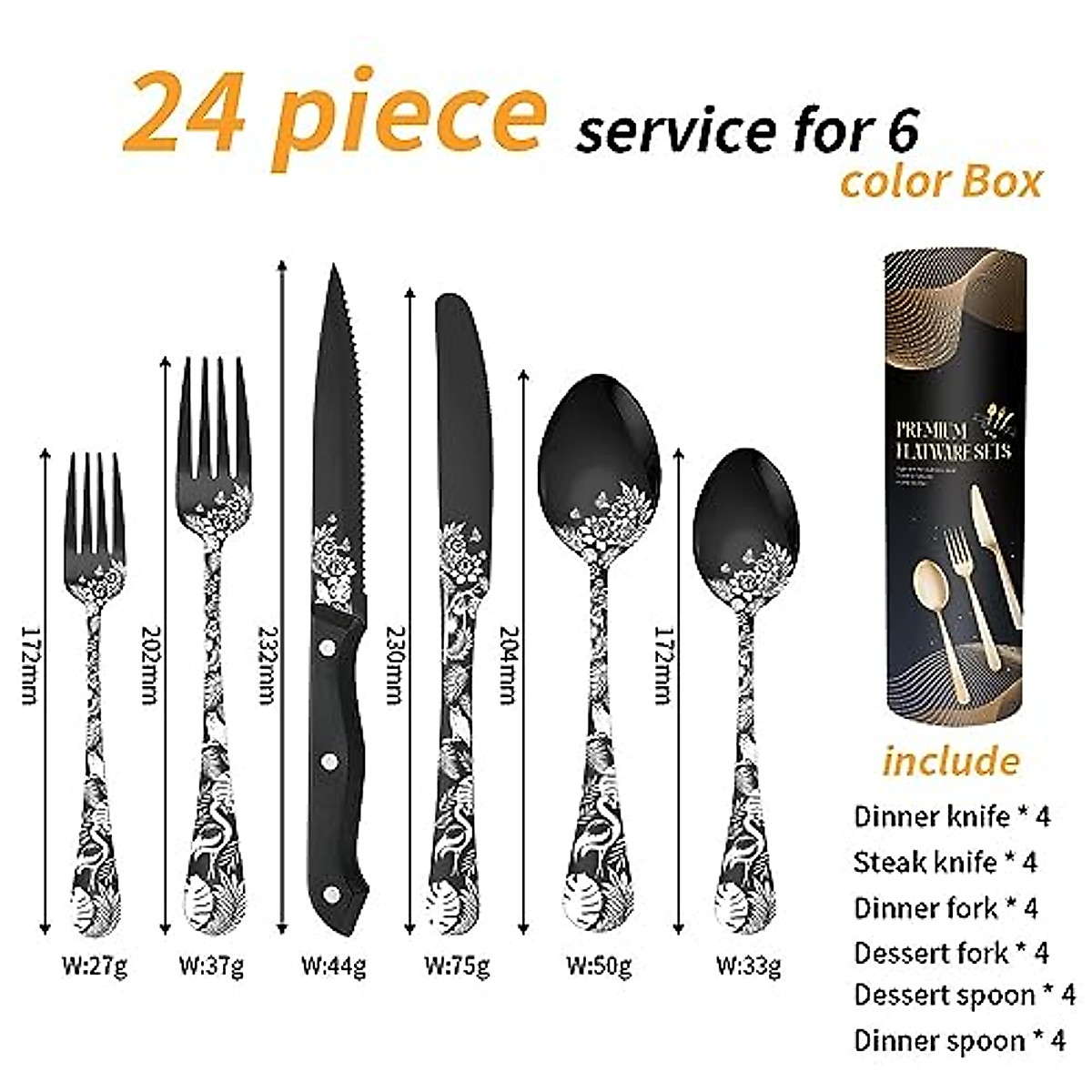 24-Piece Silverware Set with Steak Knives for 4,Unique Pattern Design，Stainless Steel Flatware Cutlery Set For Home Kitchen Restaurant Hotel, Kitchen Utensils Set, Mirror Polished, Dishwasher Safe